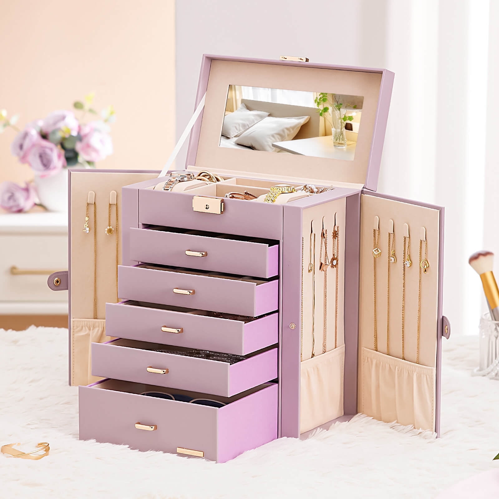 VigorPro Huge Jewelry Box with Mirror, Lockable Synthetic Leather ...