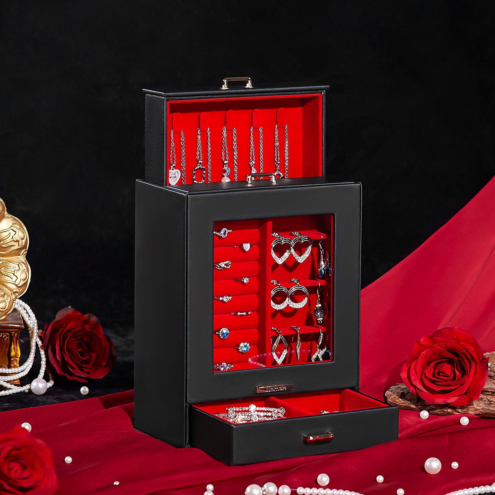 VigorPro Jewelry Organizer with Display Windows& 3 Drawers, Jewelry Box ...