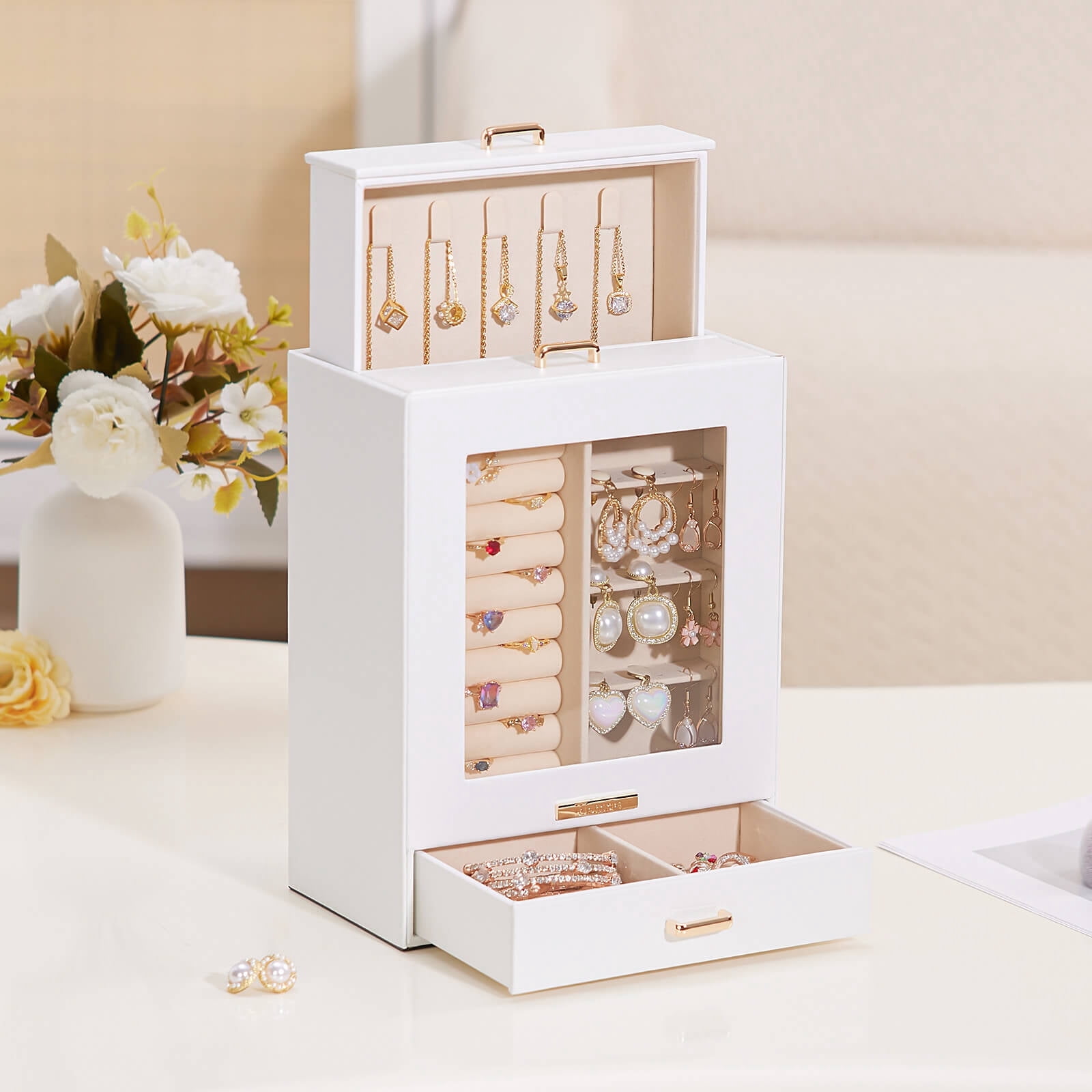 VigorPro Jewelry Organizer with Display Windows& 3 Drawers, Jewelry Box ...