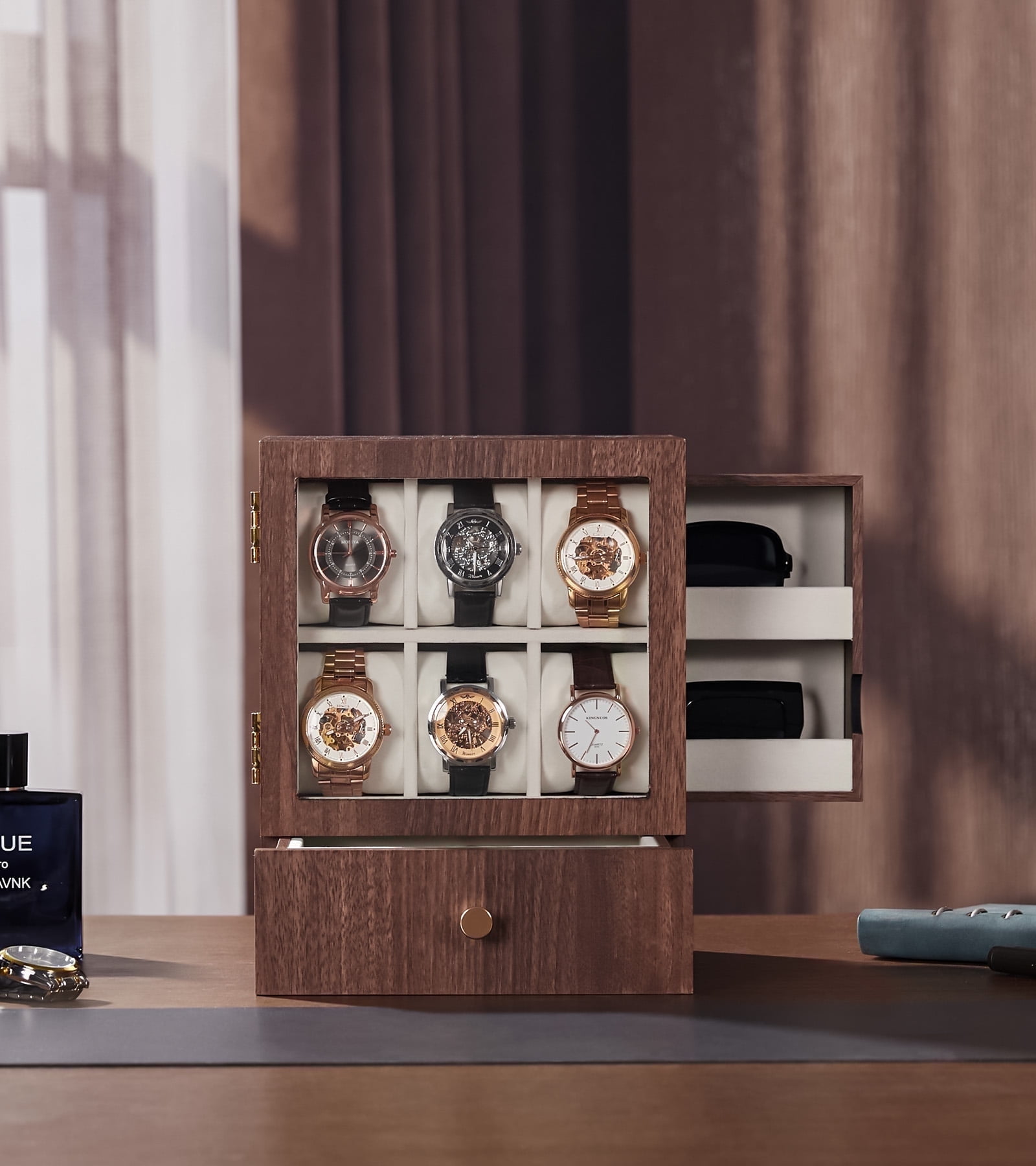VigorPro Wooden Watch Display Box, Large Wood Storage Case with Drawers ...