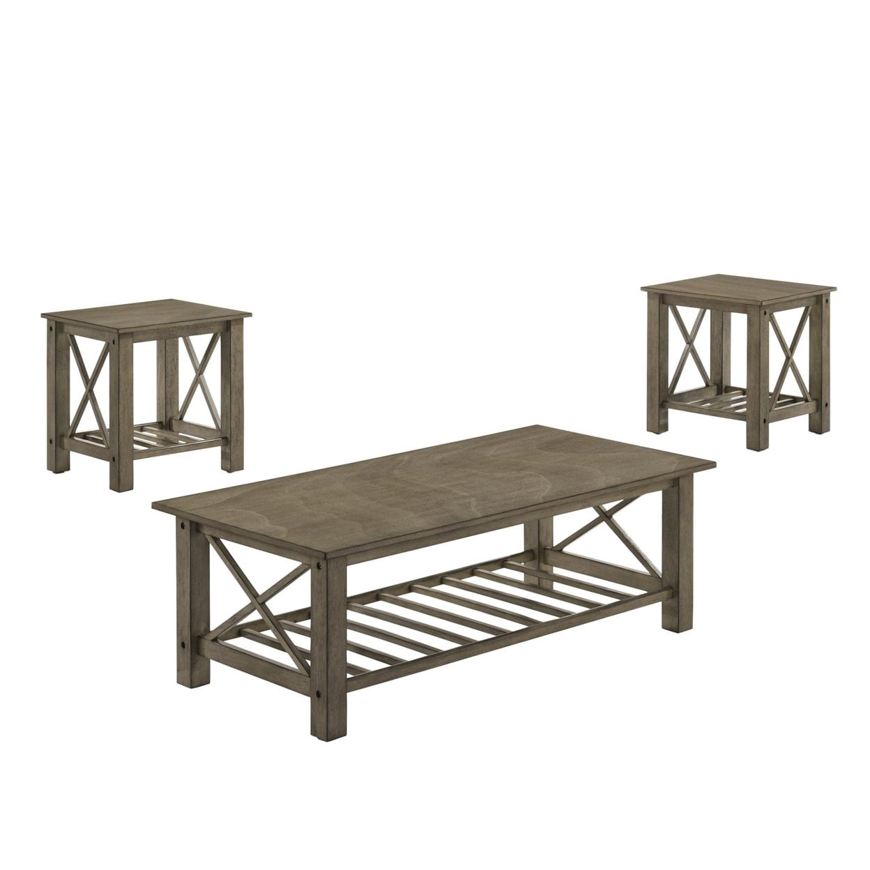Viki 3 Piece Gray Coffee and End Table Set, Crossbar, Slatted Open ...