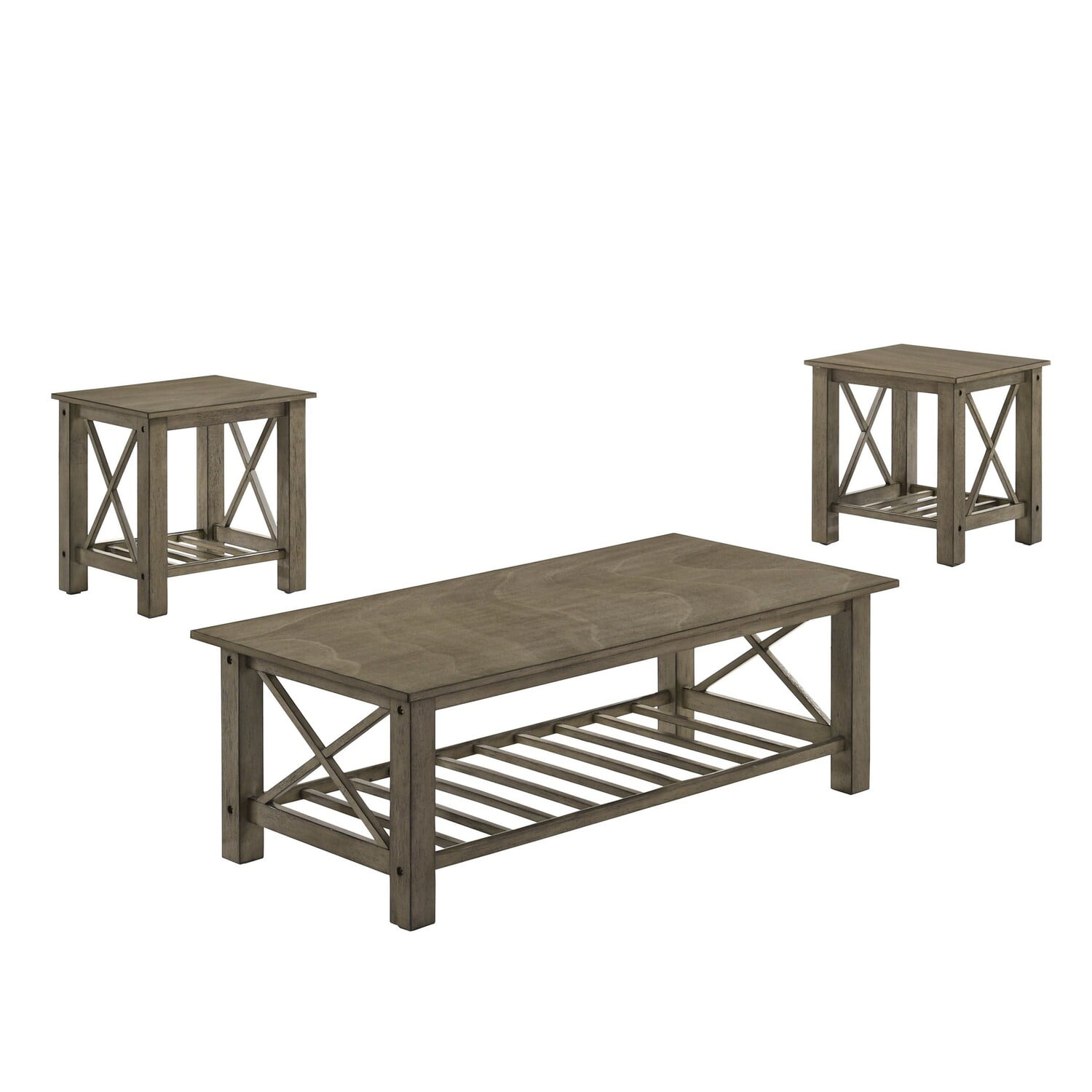 Viki 3 Piece Gray Coffee and End Table Set, Crossbar, Slatted Open ...