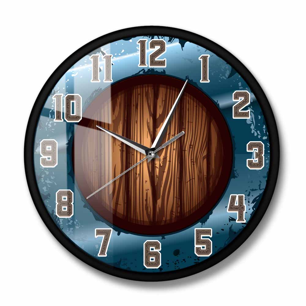Viking Barbarian Shield Silent Quartz Wall Clock Norse Style Round ...