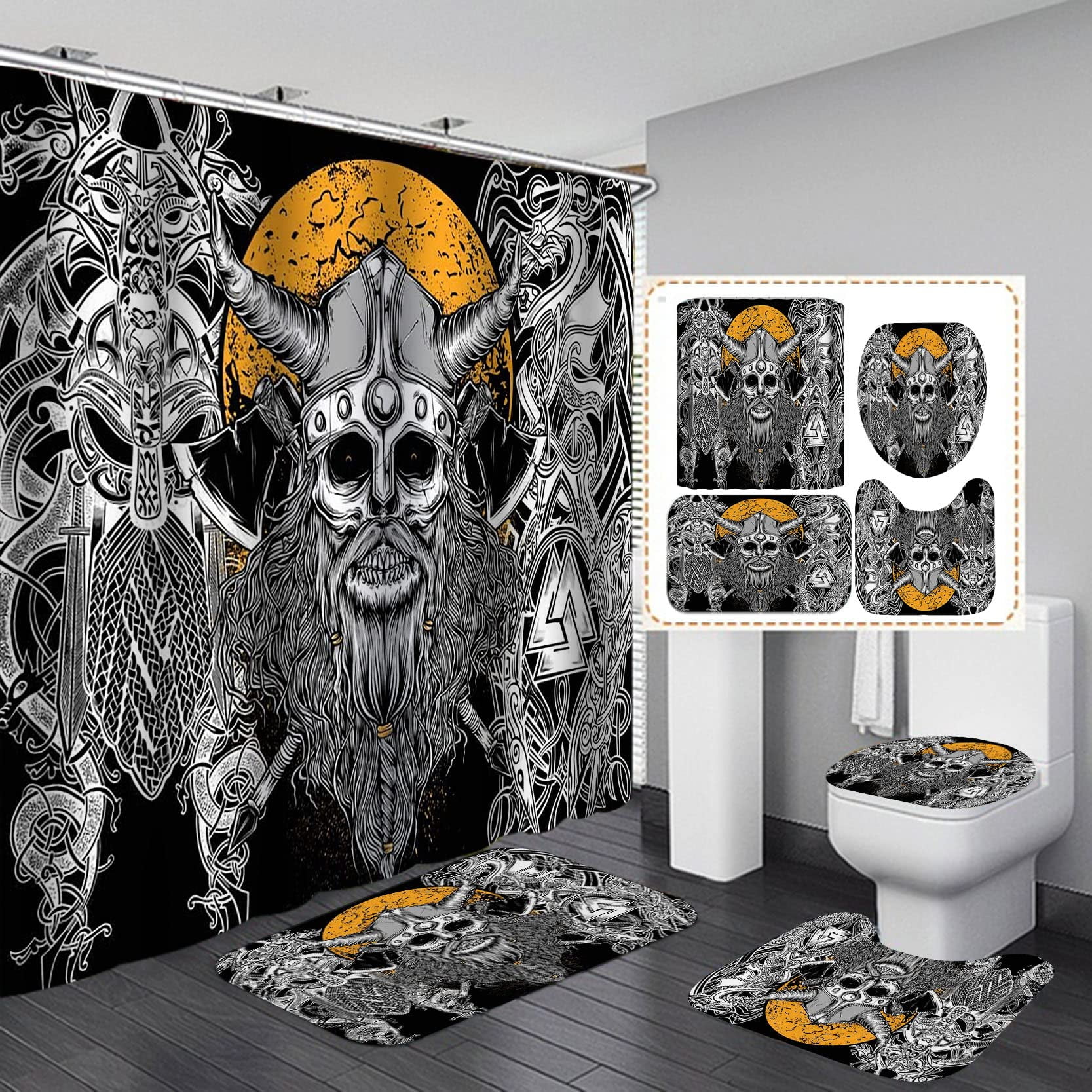 Viking Bathroom Shower Curtain Set Ancient Scandinavian Vegvisir Tree ...