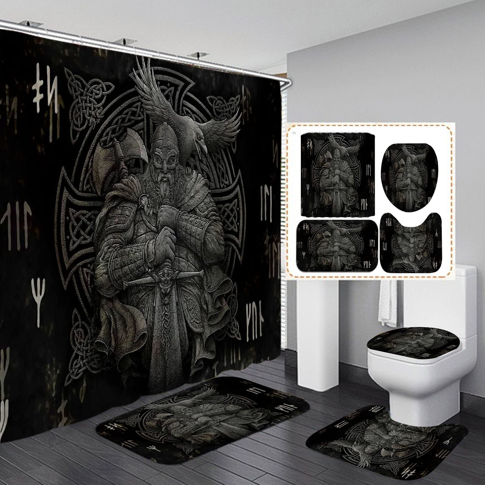 Viking Bathroom Shower Curtain Set Ancient Scandinavian Vegvisir Tree ...