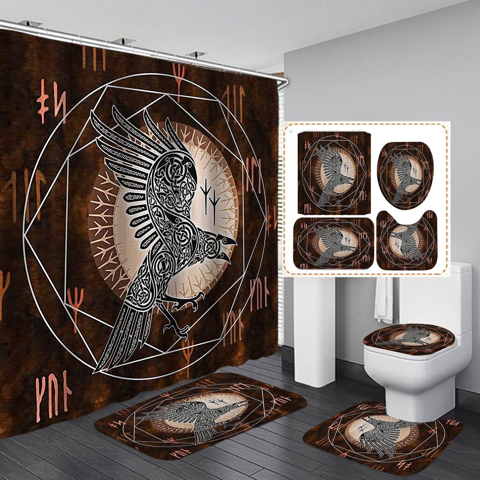 Viking Bathroom Shower Curtain Set Ancient Scandinavian Vegvisir Tree ...
