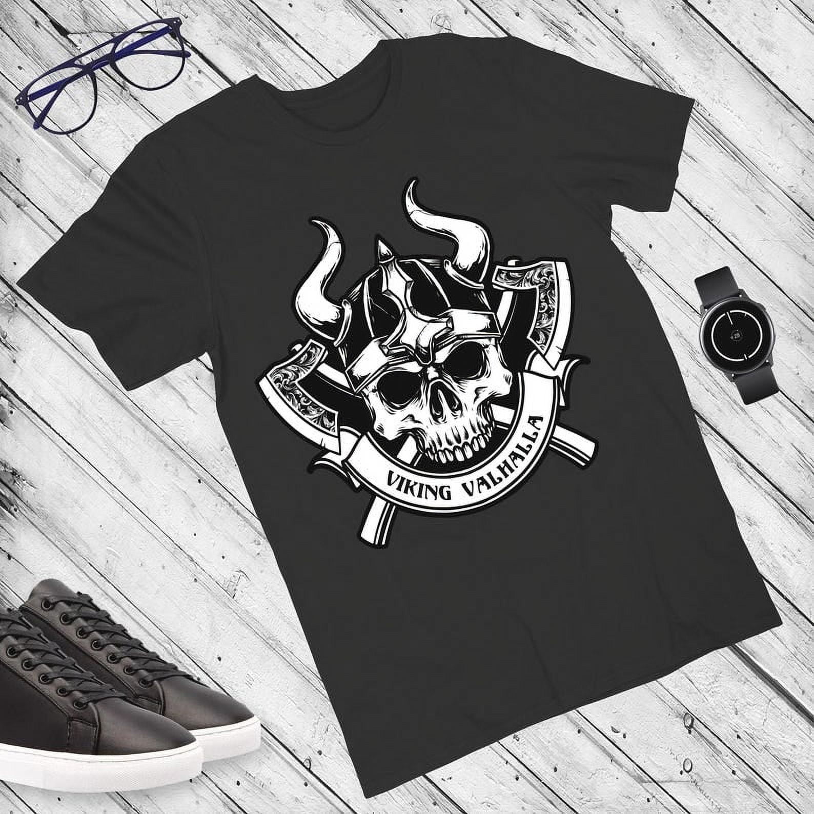 Viking Biker Skull T-Shirt for Men – Valhalla Warrior Tee with Horned ...