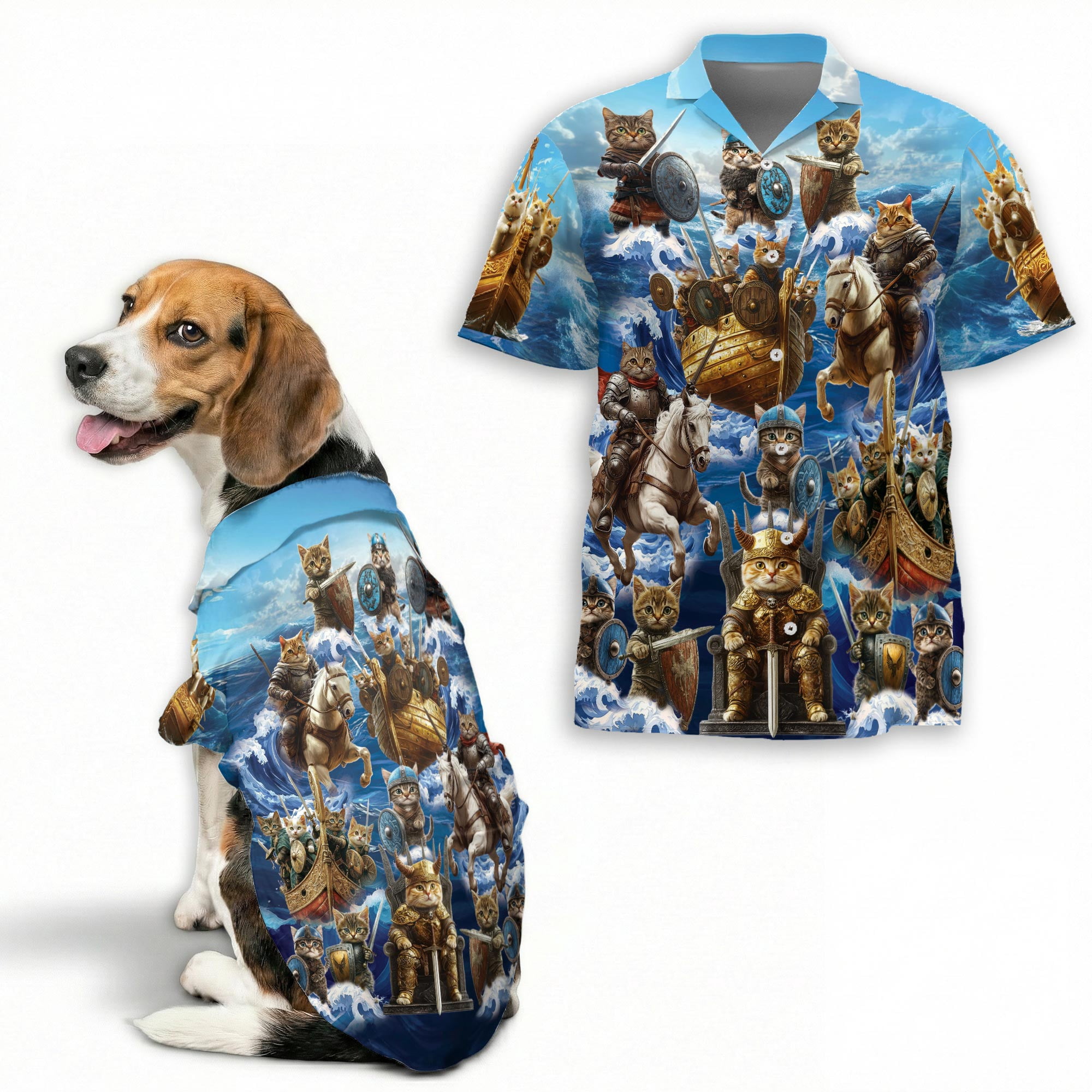 Viking Cat Hawaiian Shirt, Warrior Cat and Viking Ship Illustration ...