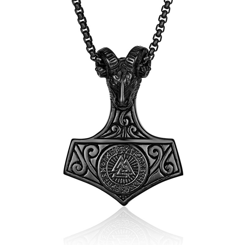 Viking Goat Head Mjolnir Pendant Thors Hammer Necklace Stainless Steel ...
