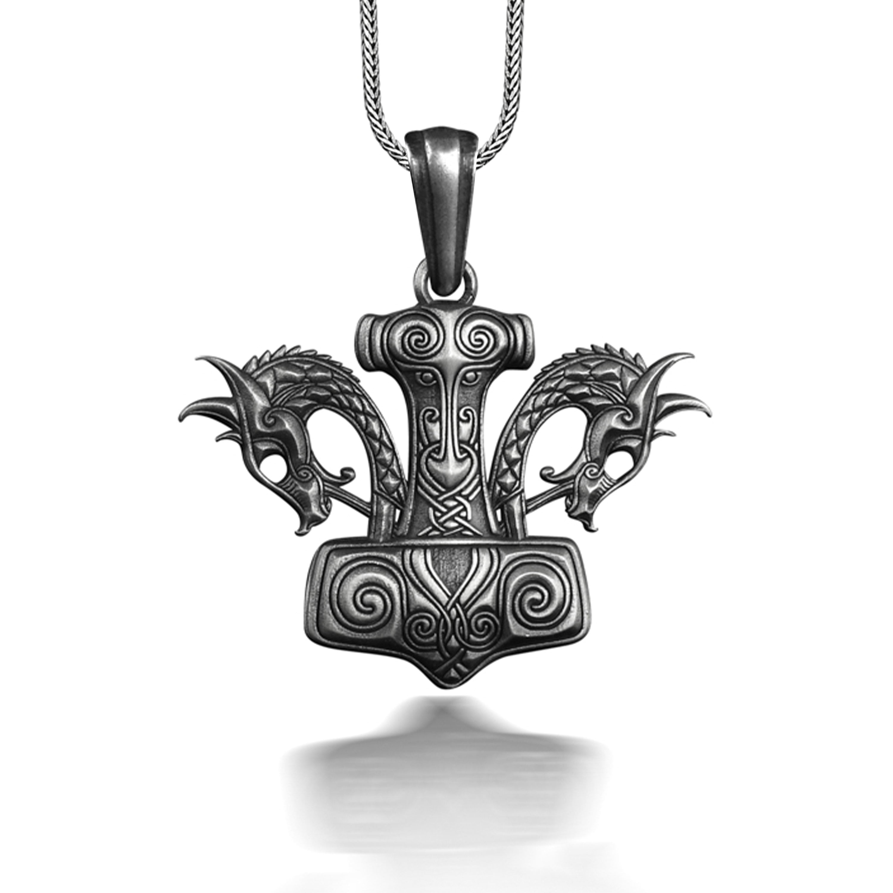 Viking Hammer with Dragon Necklace, Scandinavian Warrior Mens Pendant ...