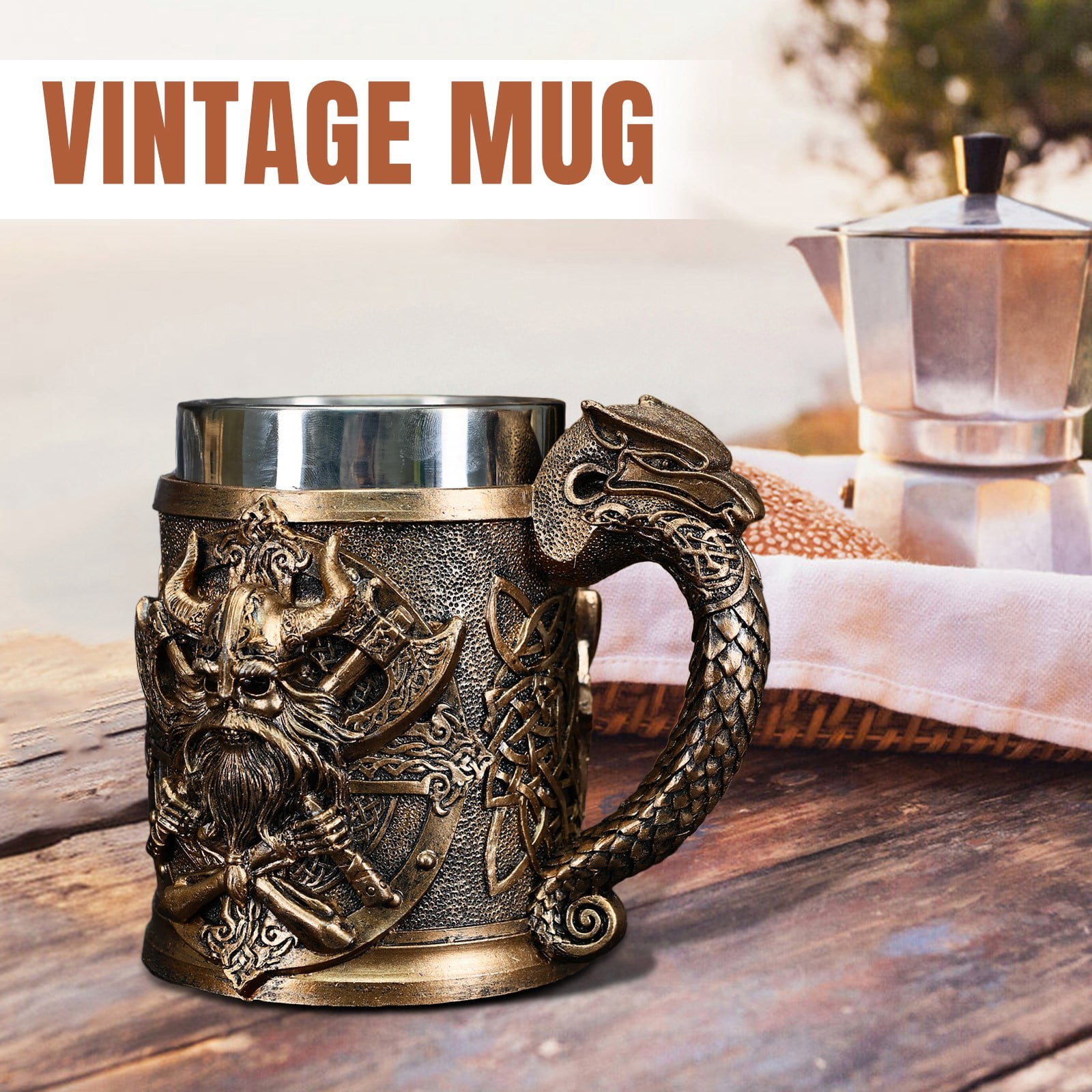 Viking Horn Helmet Beer Mug - 600ml Stainless Steel Lined Tankard ...
