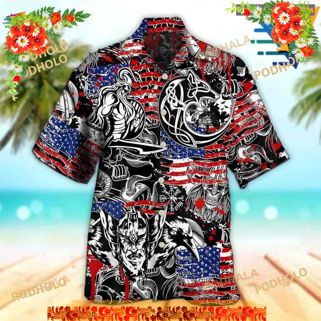 Viking Independence Day Odin Warrior And Wolf Hawaiian Shirt - Walmart.com