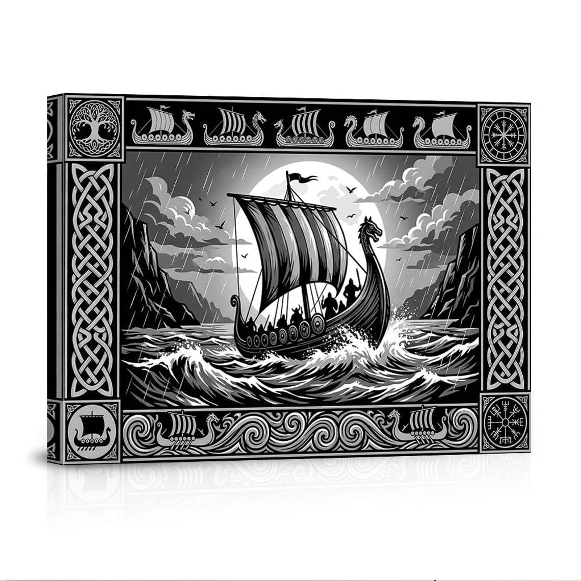 Viking Longship Stormy Sea Norse Celtic Knot Vegvisir Mythology For ...
