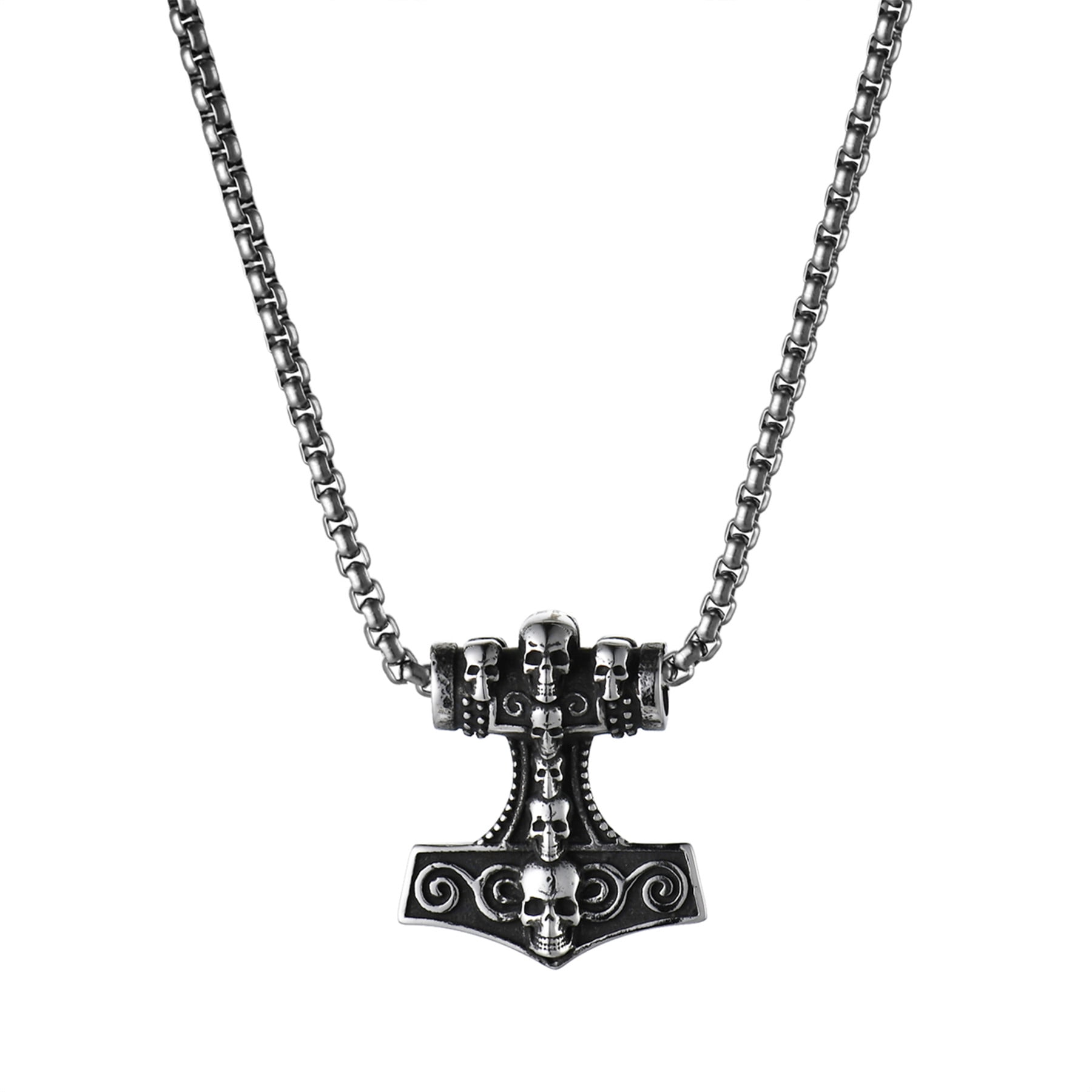 Viking Mens Mjolnir Skull Head Thor's Hammer Pendant Necklace Stainless ...