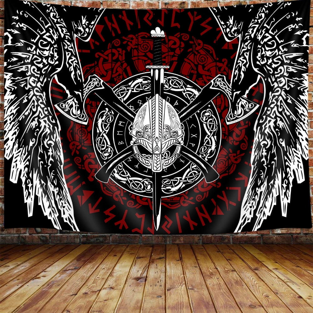 Viking Norse Tapestry, Cool Odins Ravens Axe Tapestry Wall Hanging for ...