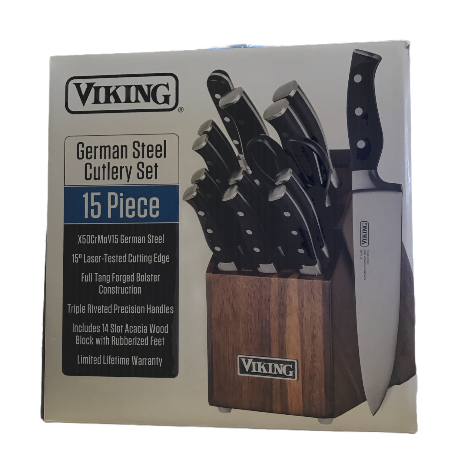 Viking Professional 15-Piece German Steel Cutlery Set with Acacia Wood ...