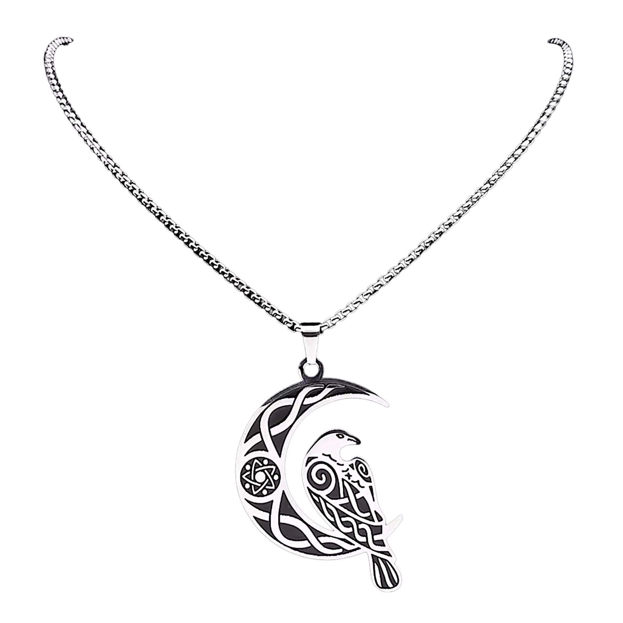 Viking Raven Necklace Stainless Steel Norse Crow Crescent Moon Pendant ...
