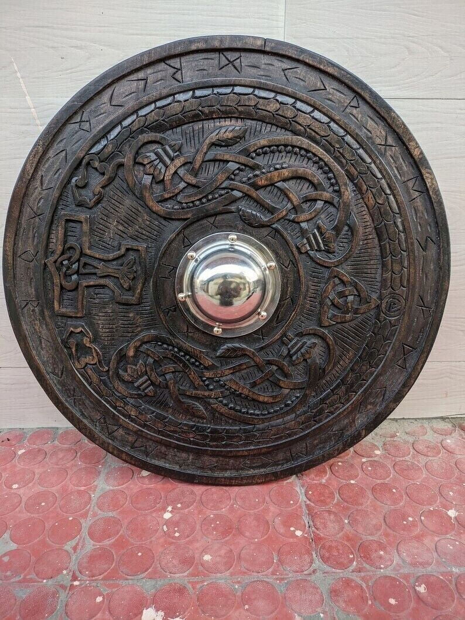 Viking Shield With Carved Norse Runic Ornaments Battleworn Wooden ...