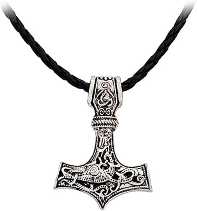 Viking Silver Hammer Necklace Mjolnir Amulet Pendant Rope Nordic ...