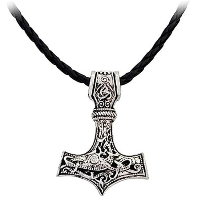Viking Silver Hammer Necklace Mjolnir Amulet Pendant Rope Nordic ...