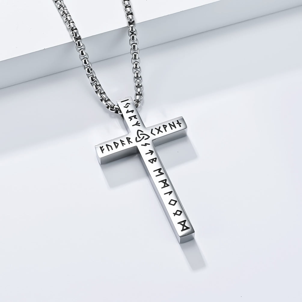 Viking Text 14K White Gold Smooth Cross Necklace Vintage Rune Male and ...