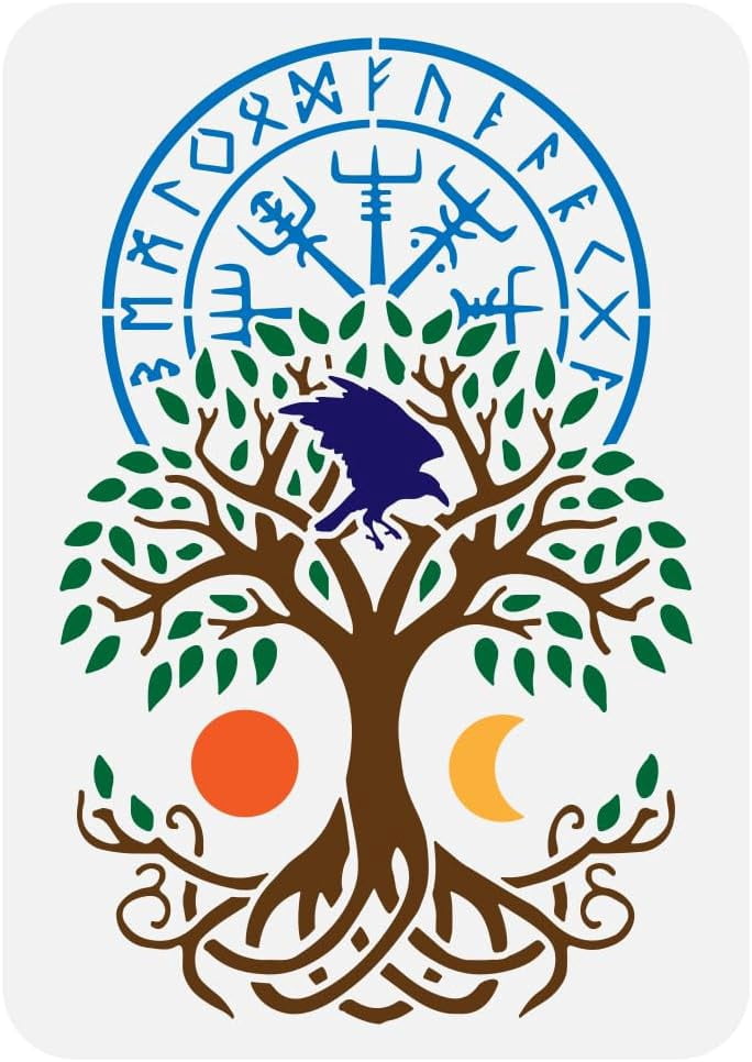Viking Tree of Life Stencil 8.3x11.7inch Crow Sun Moon Pattern Stencil ...