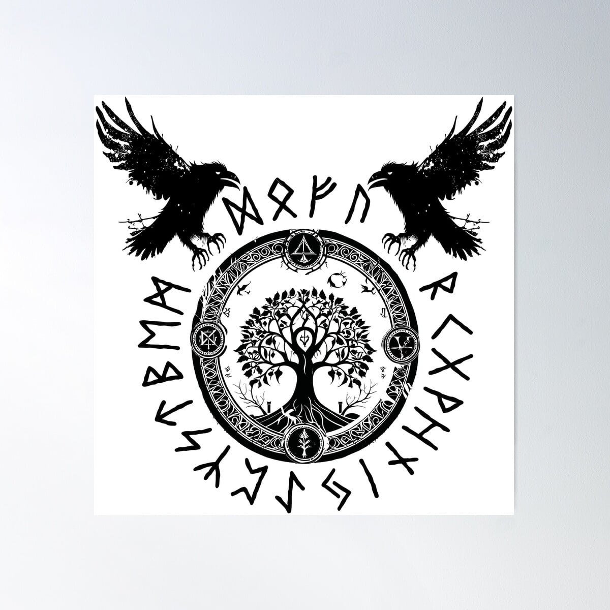 Viking Tree Of Life Rune With Two Ravens Poster Wall Art, Modern Wall ...