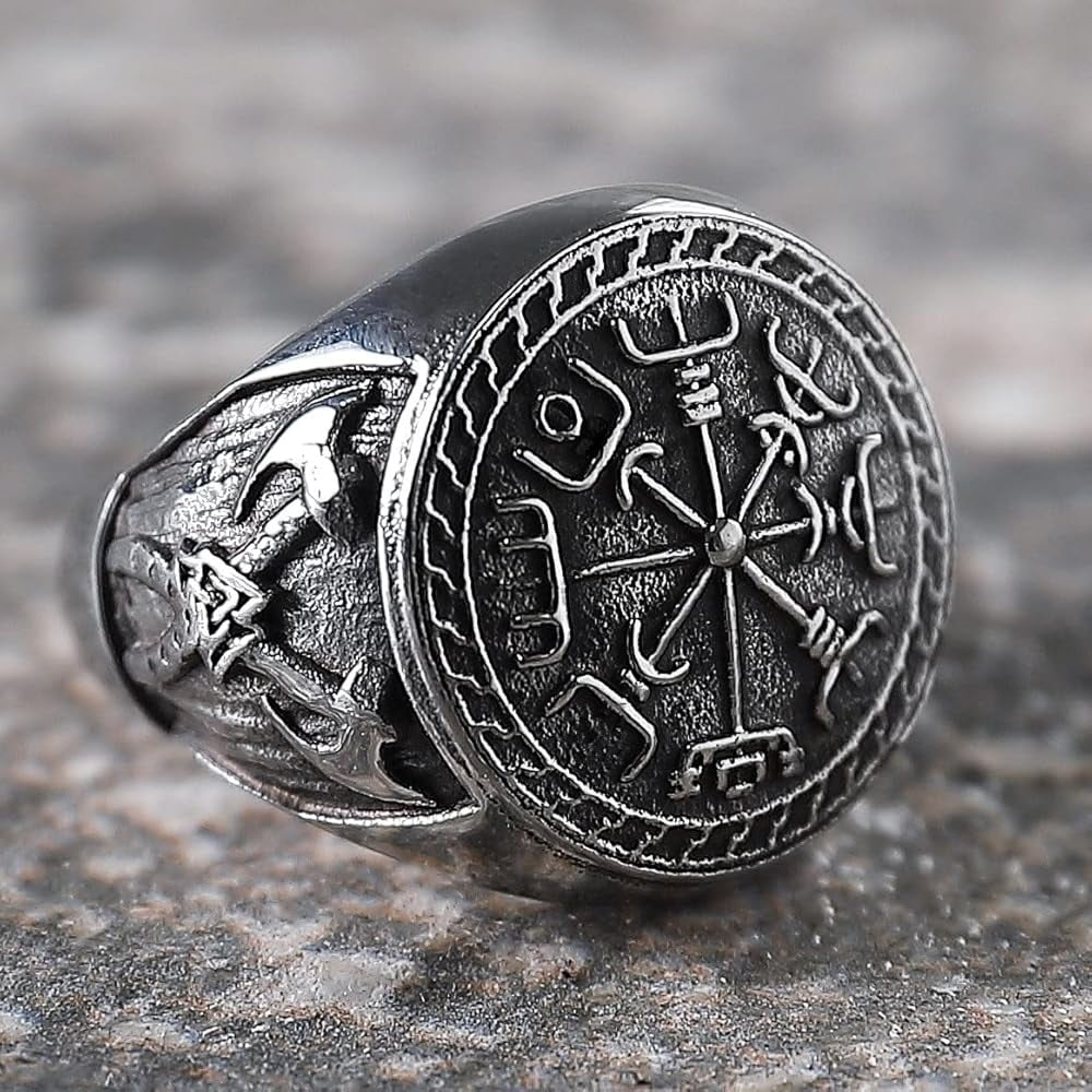 Viking Vegvisir Ring Size #9 Stainless Steel Axe Compass Horned Helmet ...