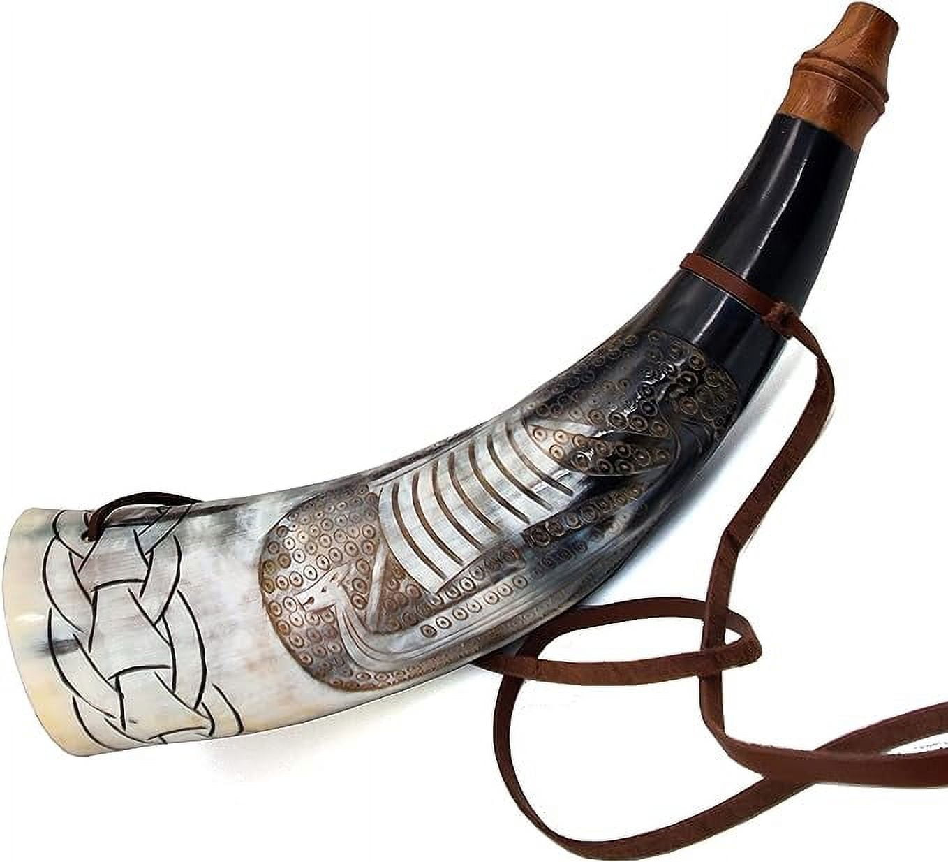 Viking 16" Genuine Ox-Horn Battle Trumpet - Premium Hand Engraved Norse Cattle Horn Bugle with ...