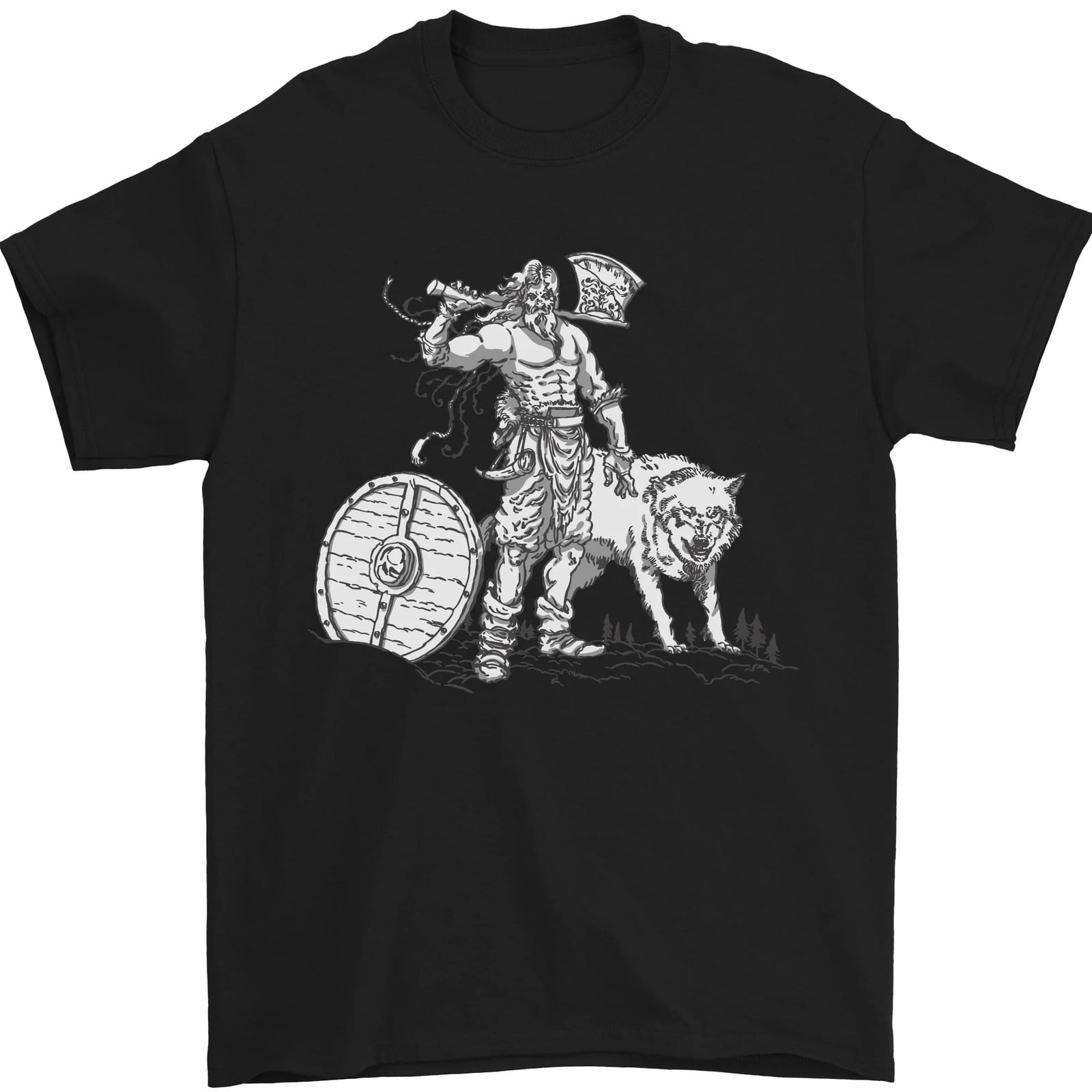 Viking With a Wolf and Shield Thor Valhalla Mens T-Shirt 100% Cotton ...