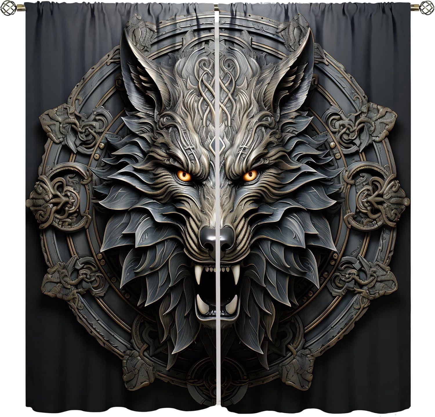 Viking Wolf Curtain, Norse Runes Room Darkening Thermal Insulated ...