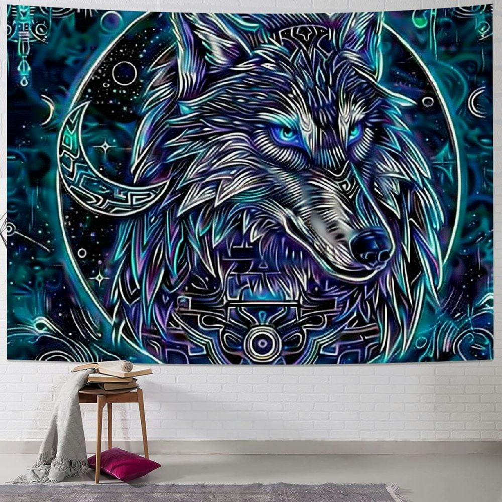 Viking Wolf Tapestry, Norse Mythology Runes Ancient Blue Tapestries ...