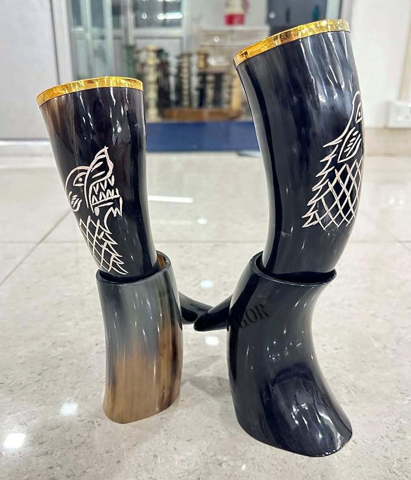 Viking horn Drinking Real Horn Natural Black Viking Brass knob Drinking ...