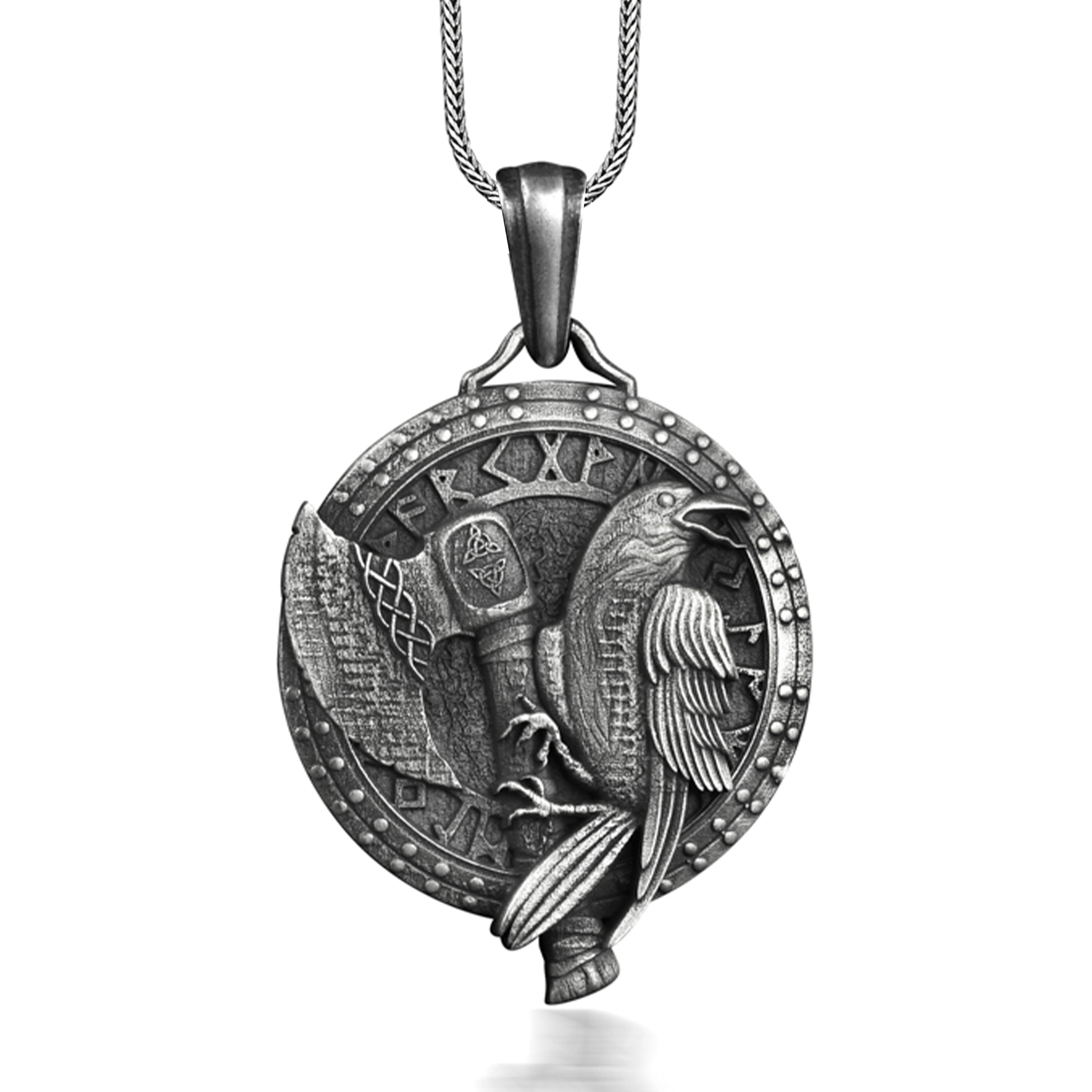 Viking medallion necklace with raven and axe, Silver norse runes ...