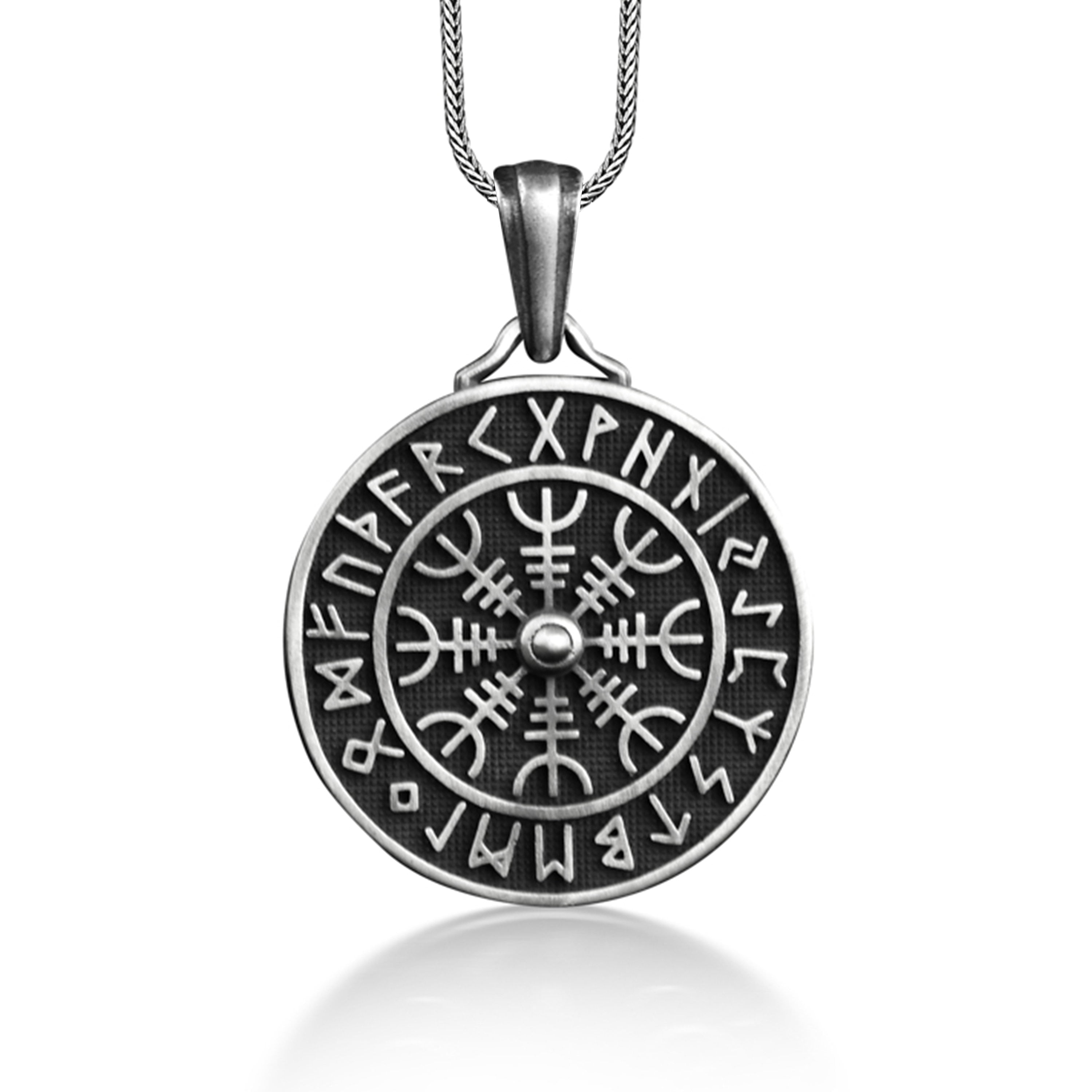 Viking vegvisir and rune pendant necklace in silver, Viking compass ...