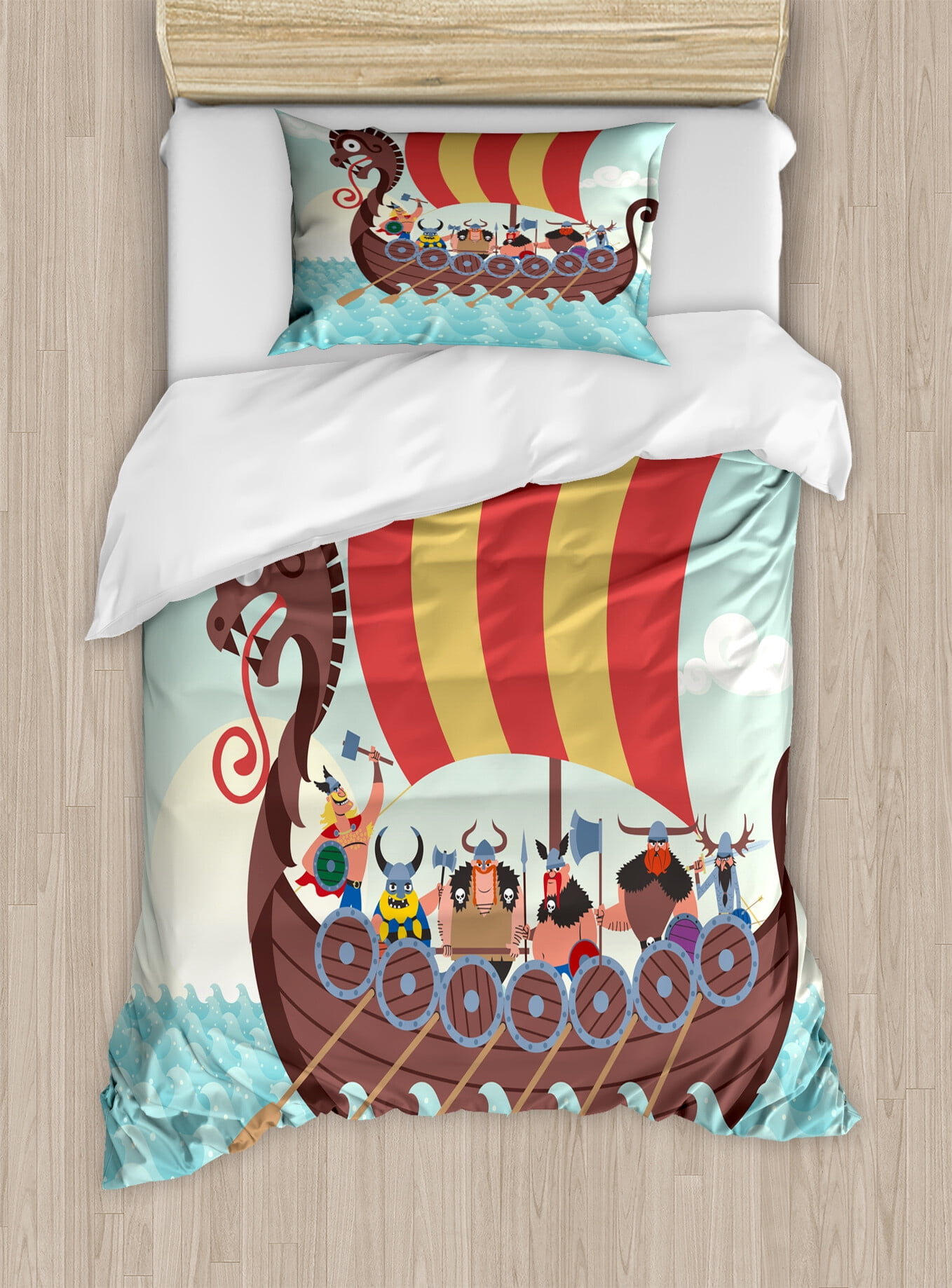 Vikings Duvet Cover Set, Whimsical Cartoon Illustration of Dragon Ship ...