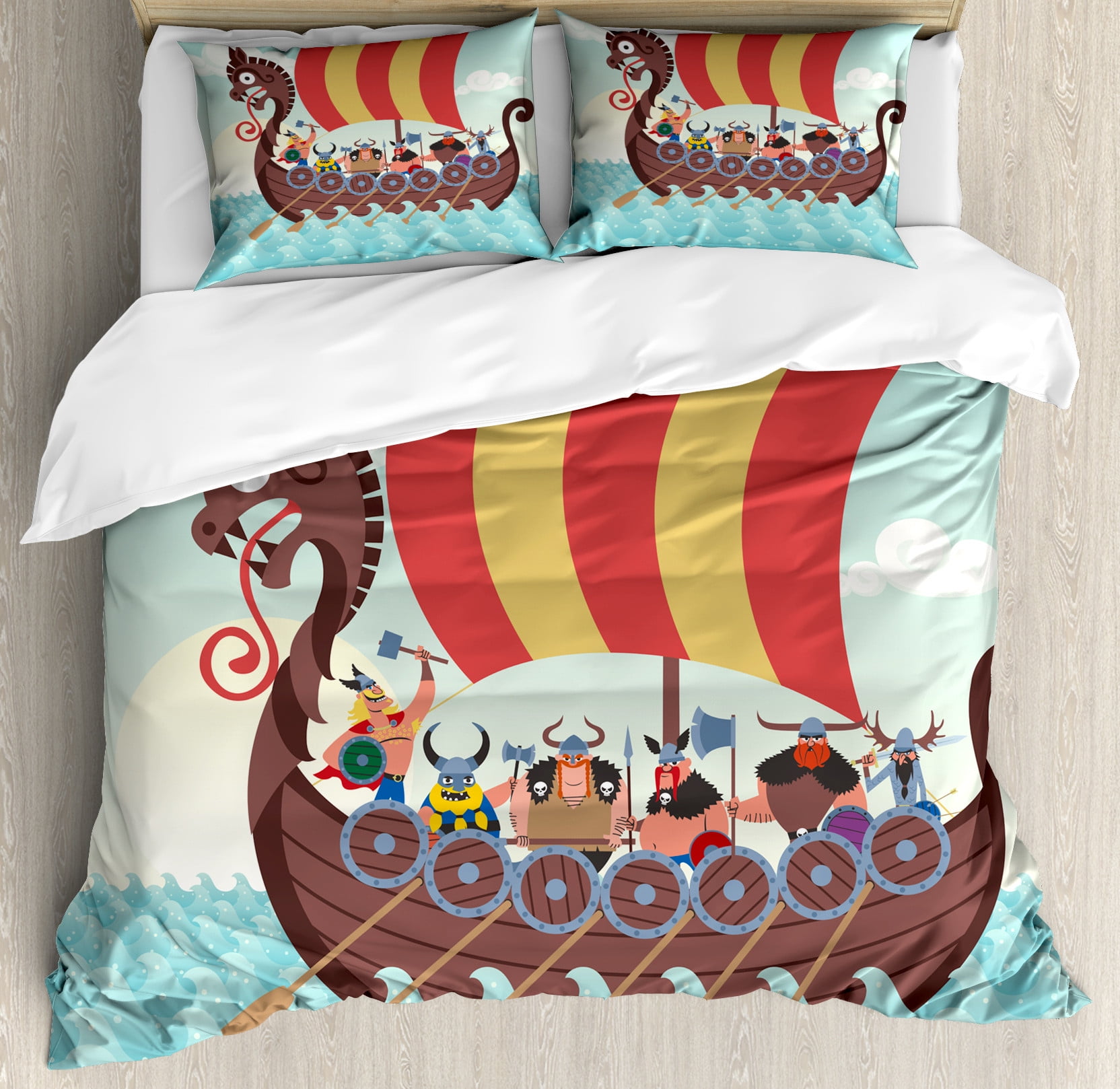 Vikings Duvet Cover Set, Whimsical Cartoon Illustration of Dragon Ship ...