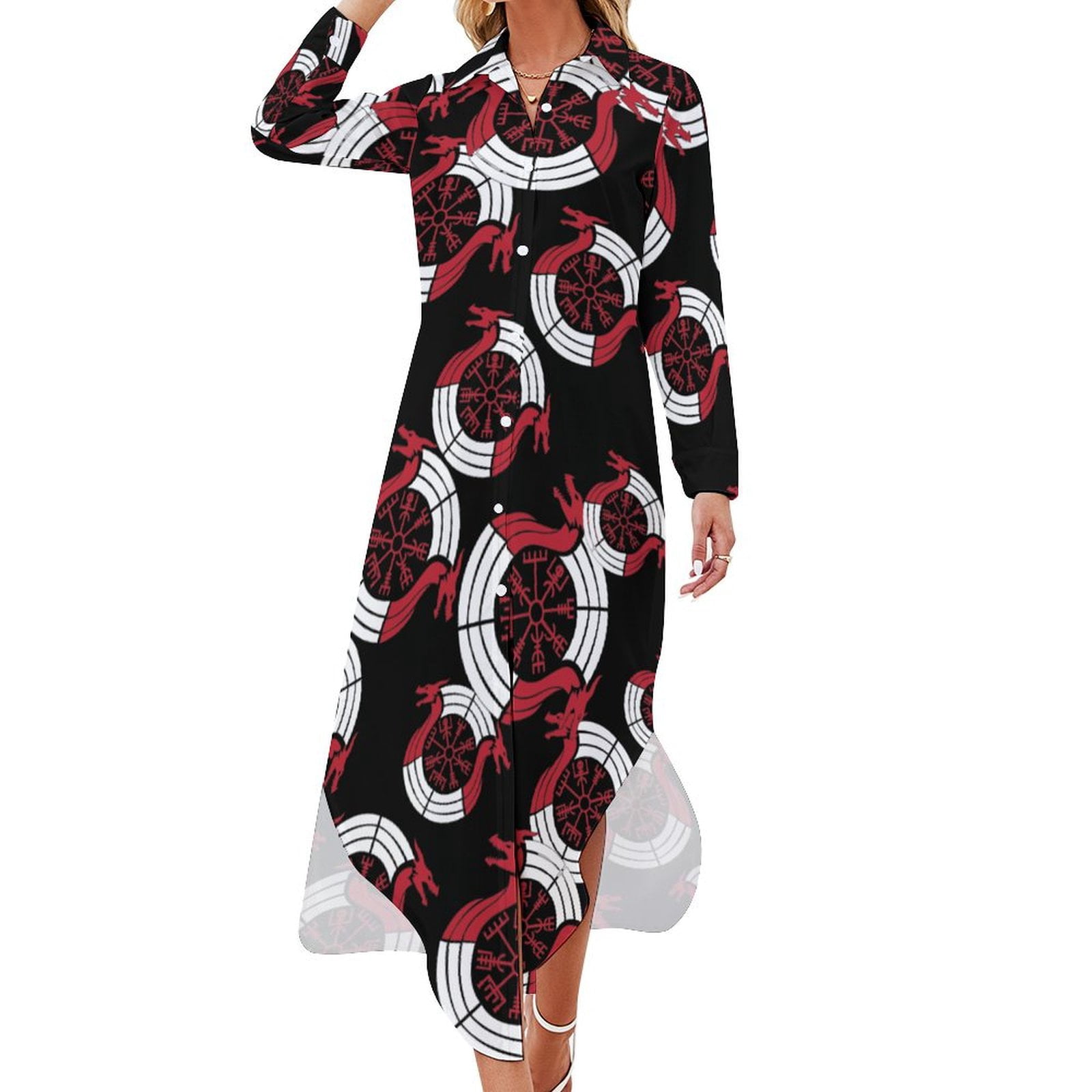 Vikings Nordic Compass Women's Maxi T Shirt Dress Long Sleeve Lapel ...