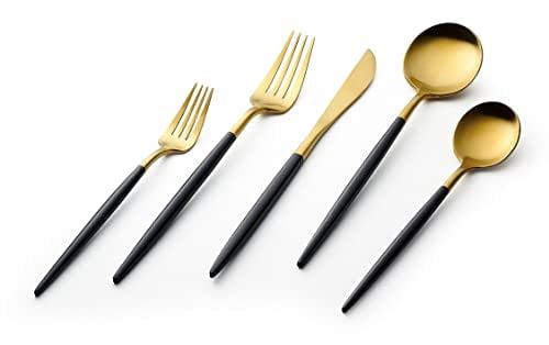 Vikko Decor Modern Silverware Set, Matte Black and Gold Flatware Set ...