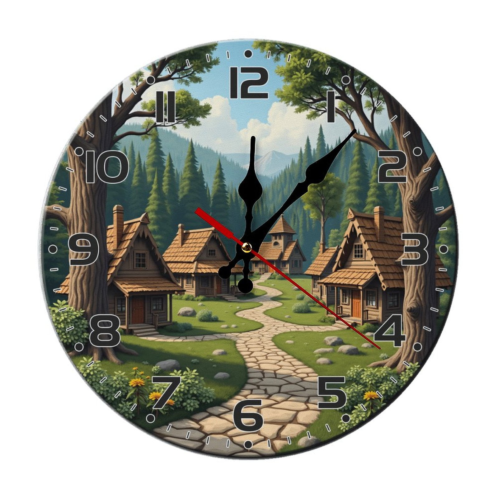Village Houses Landscape Wall Clock 10 Inch Silent Non Ticking Round ...