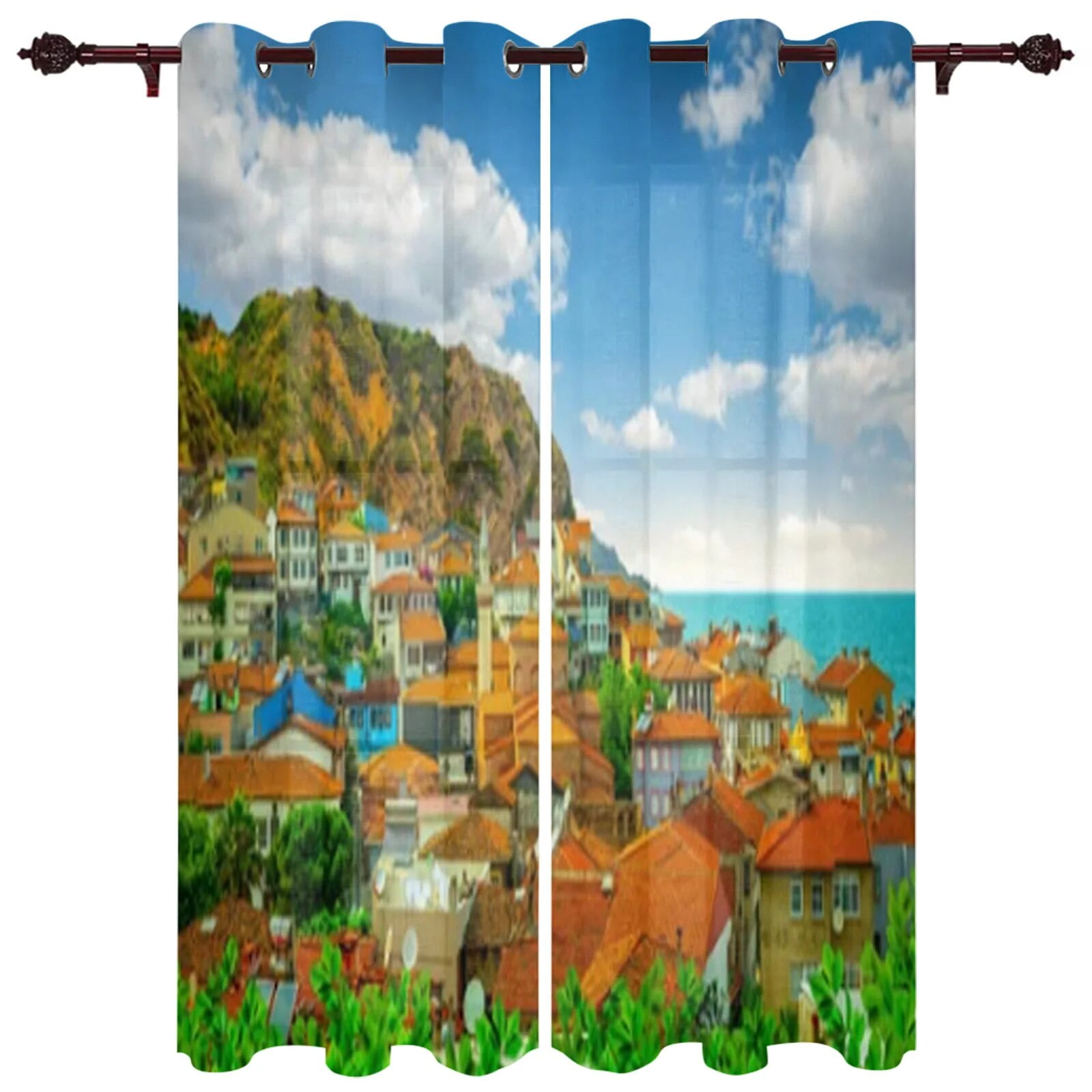 Village Landscape On The Coast Window Curtain For Kids Room Home Blinds ...