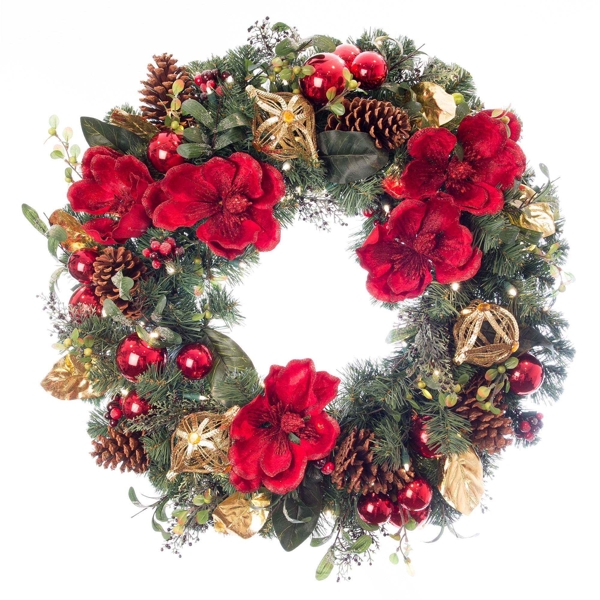 Village Lighting 30 in. Pre-Lit LED Wreath - Red Magnolia - Walmart.com