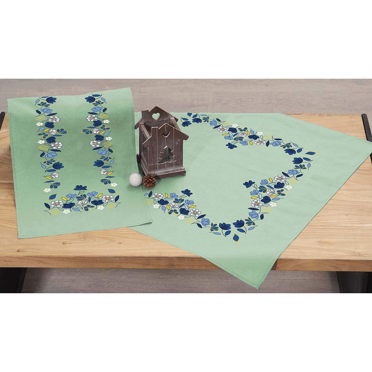 Village Linens™ Blue Flowers Table Topper & Runner Stamped Embroidery ...