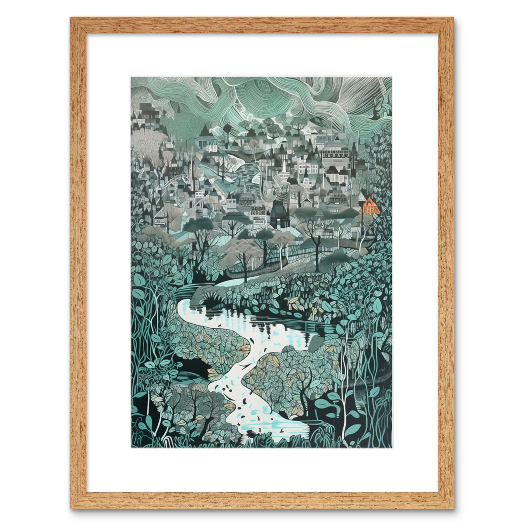 Village Near River Forest Landscape Blue Linocut Artwork Framed Wall ...
