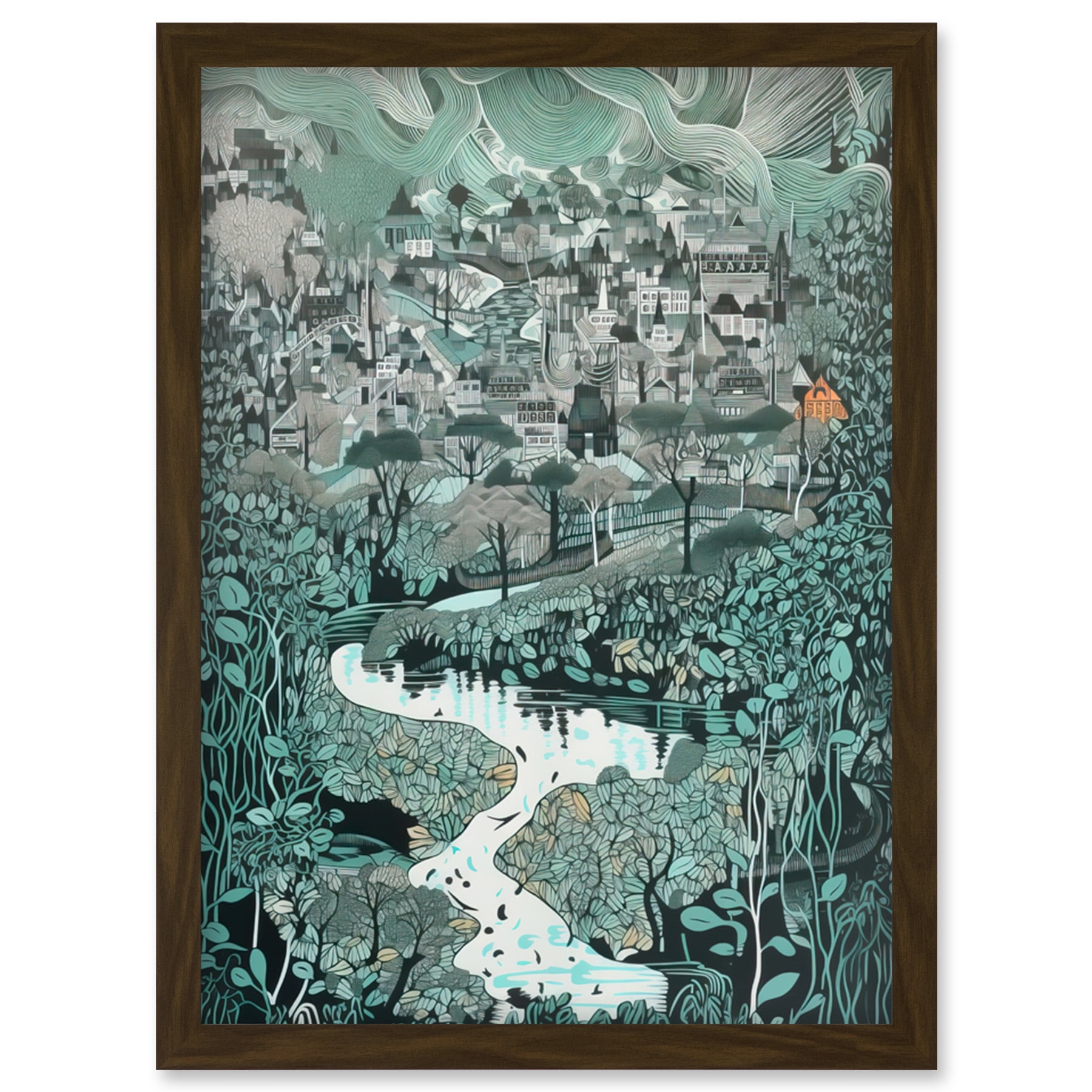 Village Near River Forest Landscape Blue Linocut Artwork Framed Wall ...