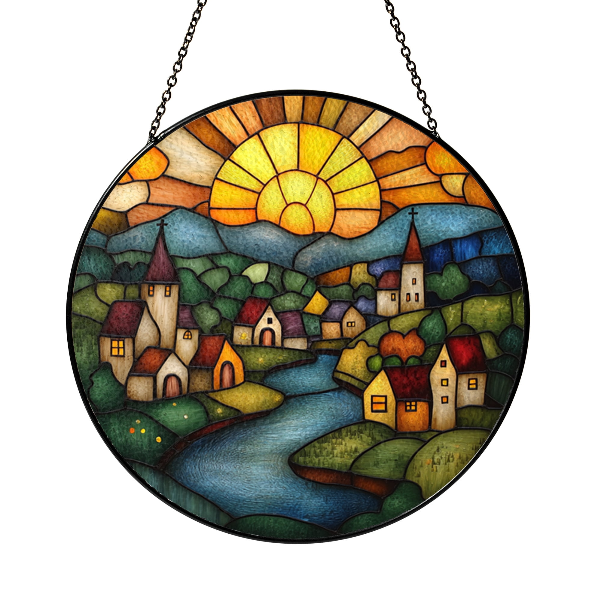 Village Night Sky Stained Glass Panel – Sun and Stars Window Art ...
