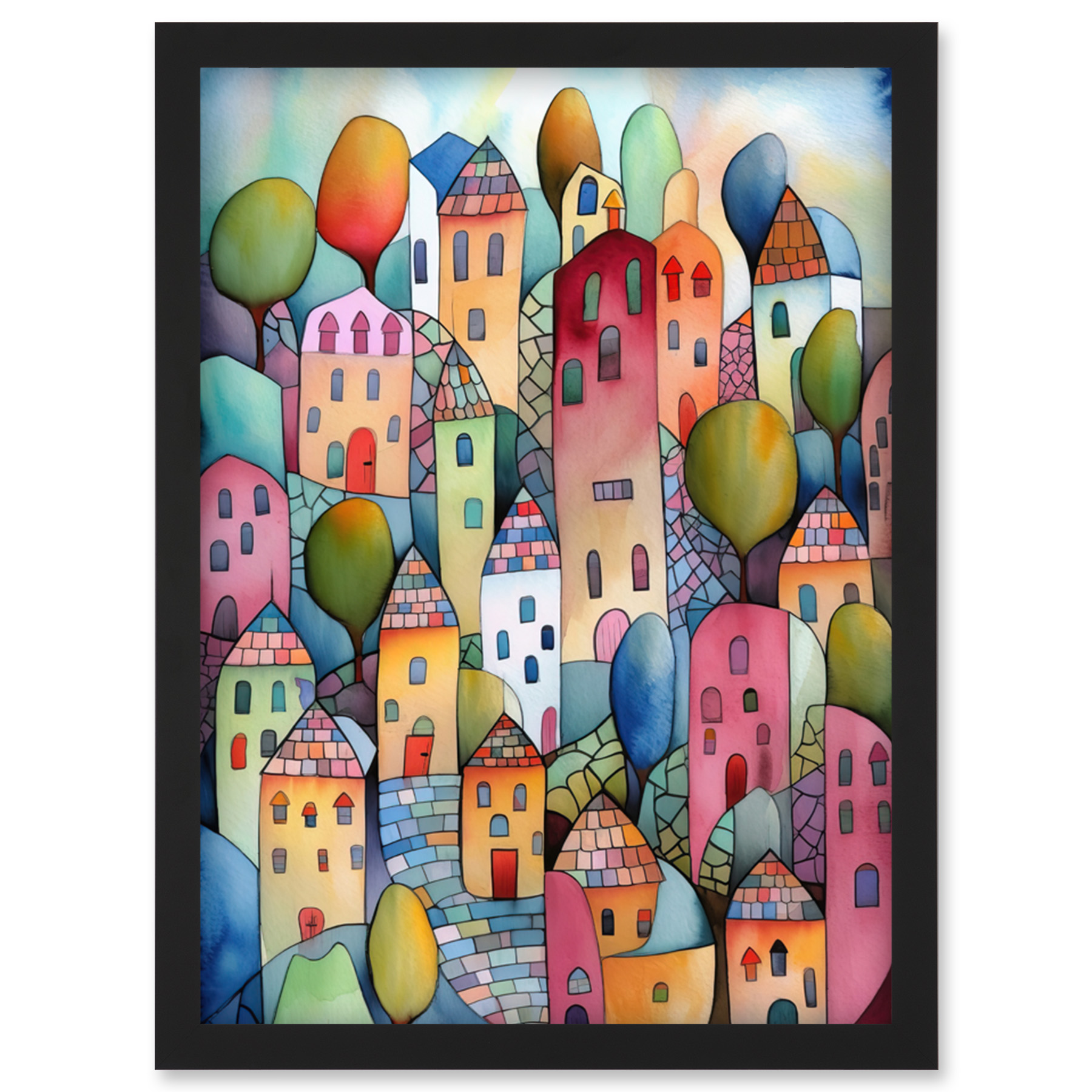 Village On The Hill Cobble Streets Folk Art Artwork Framed Wall Art Print A4 - Walmart.com