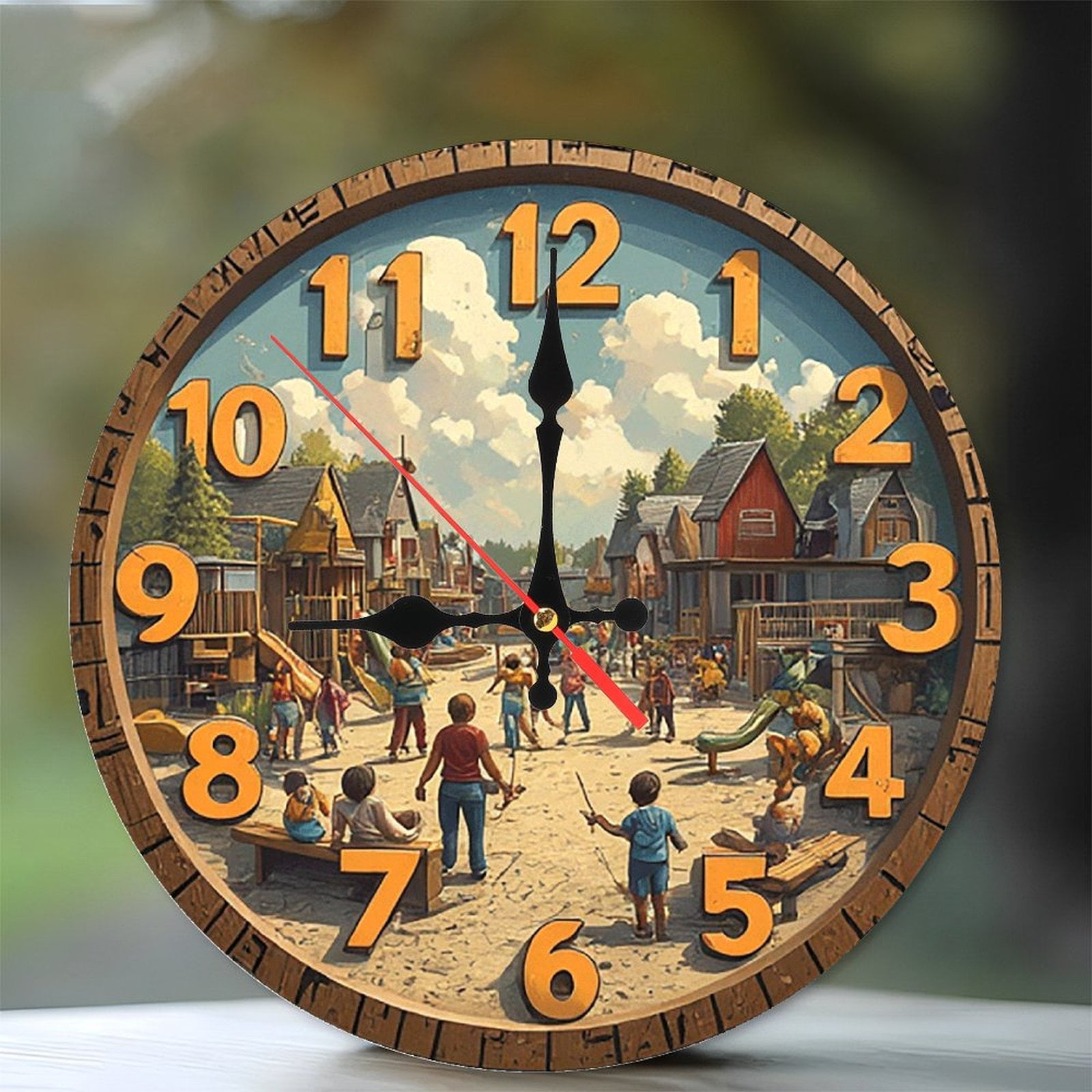 Village Playground Wall Clock Home Decor 10-Inch Silent Wooden Wall Clock, Battery Operated (AA ...