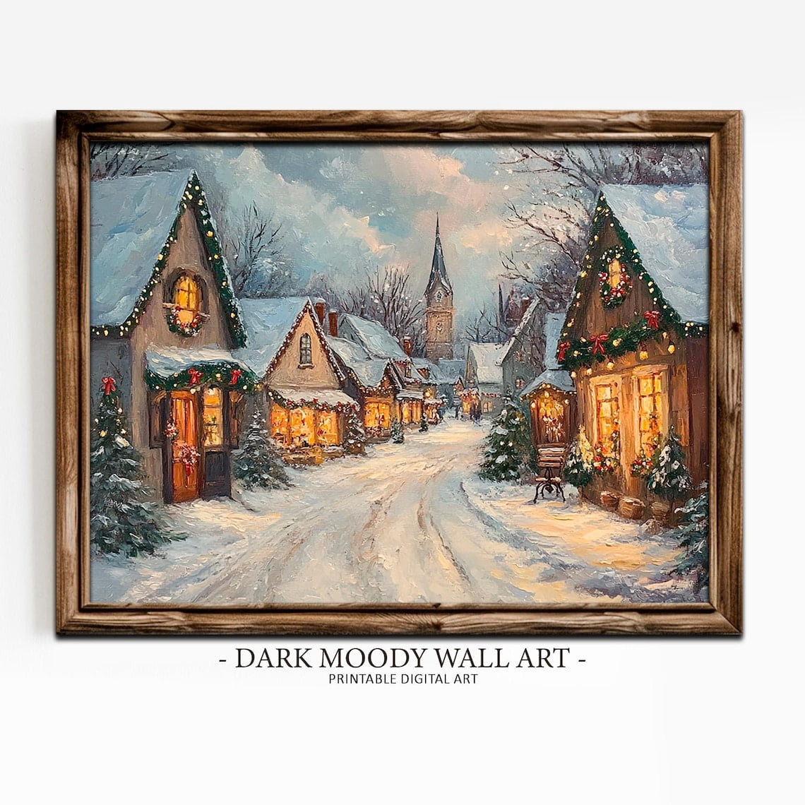 Village Street Scene, Dark Moody Wall Art, Snowy Holiday Townscape ...