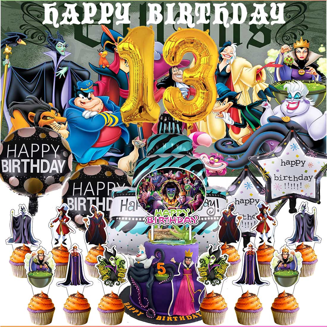 Villains Party Supplies Decor 13th Kit Balloons Birthday Cake Topper ...